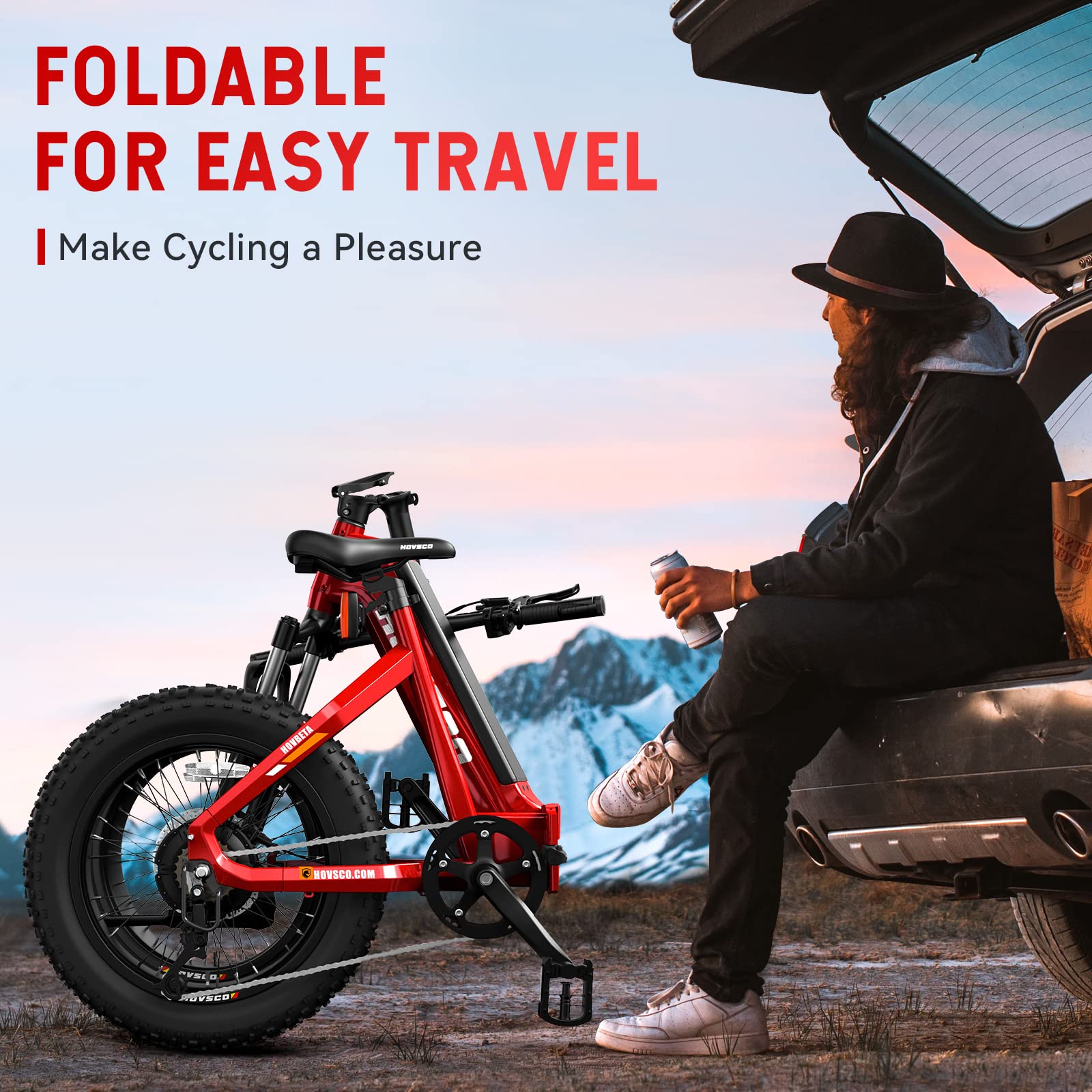 Electric Bike for Adults, HOVSCO Foldable 20'' Fat Tire Ebike 750W Motor Torque Sensor 28Mph Bike, 48V 15AH LG Battery 65 Miles Adult Bicycle with Shimano 7-Speed, Dual Shock Absorber, Red