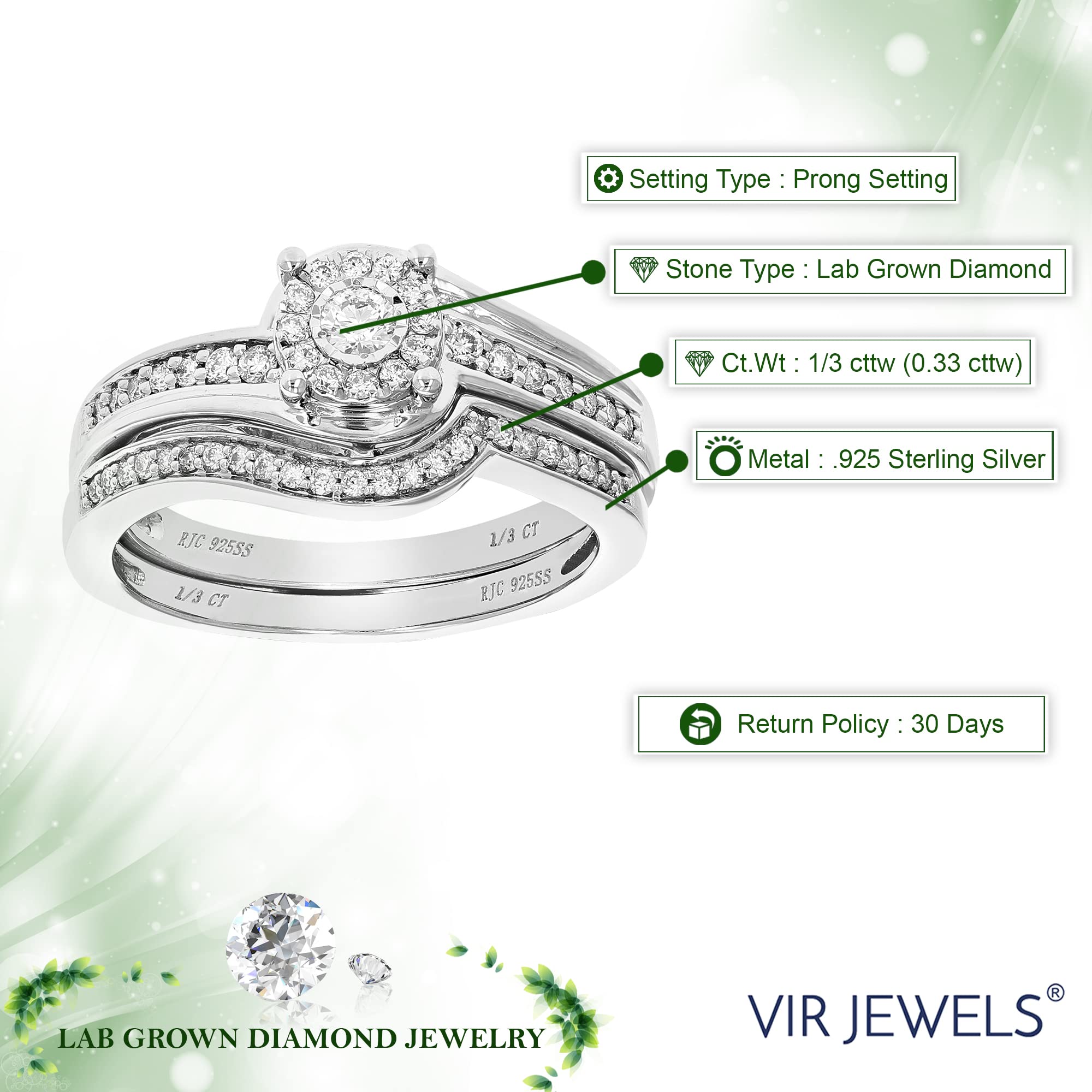 Vir Jewels 1/3 cttw Lab Grown Diamond Wedding Engagement Bridal Set Round for Women in .925 Sterling Silver Prong Set Size 6