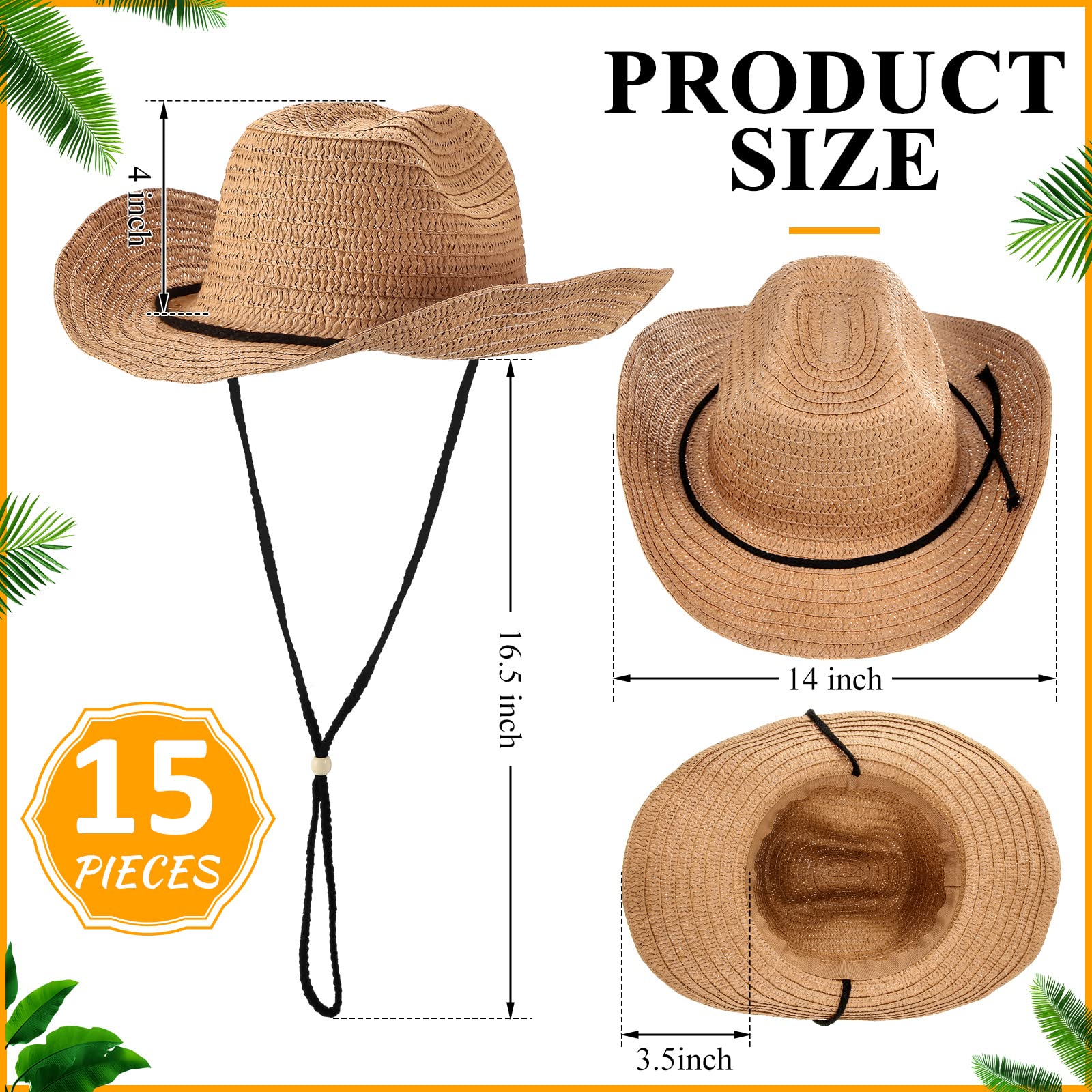 15 Pcs Straw Cowboy Hat Party Hat Panama Sun Hat Beach Hat for Travel Gardening Party Activities Horseback Riding Music Festival Hiking Mountain Climbing Brown