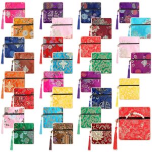 leifide 30 pcs jewelry silk purse pouch chinese silk brocade coin purse zipper jewelry bag gift pouch with tassel small chinese embroidered organizers pocket for women girls necklace earring bracelet