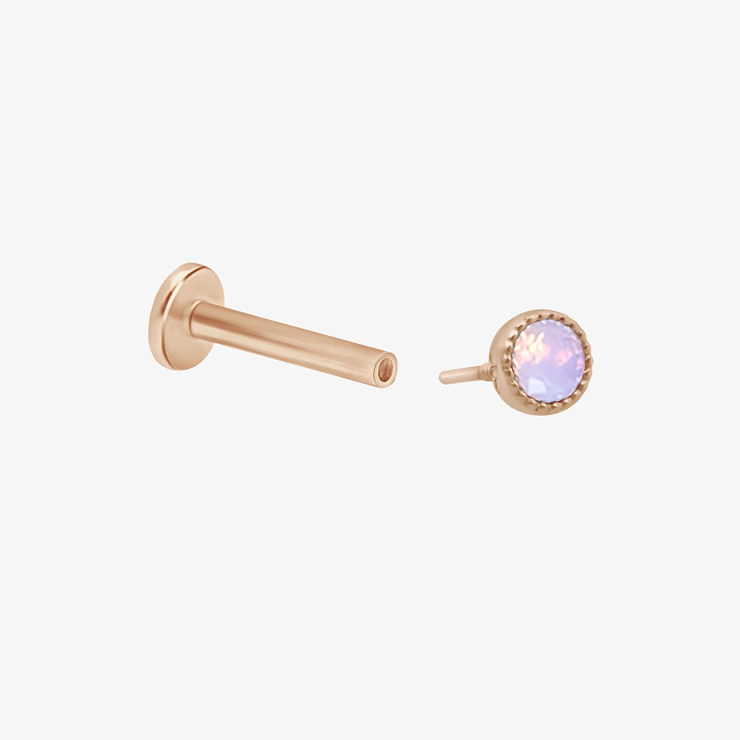 14K Solid Gold Milgrain Gemstone Bezel Single Stud Earring for Cartilage Tragus Helix Tragus CZ Stud 2mm 2.5mm 3mm Top Internally Threaded Flat Screw Back Upper Ear Piercing for Women Men (Single Piece)