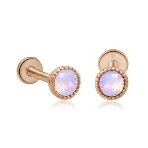 14k solid gold milgrain gemstone bezel single stud earring for cartilage tragus helix tragus cz stud 2mm 2.5mm 3mm top internally threaded flat screw back upper ear piercing for women men (single piece)