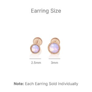 14K Solid Gold Milgrain Gemstone Bezel Single Stud Earring for Cartilage Tragus Helix Tragus CZ Stud 2mm 2.5mm 3mm Top Internally Threaded Flat Screw Back Upper Ear Piercing for Women Men (Single Piece)