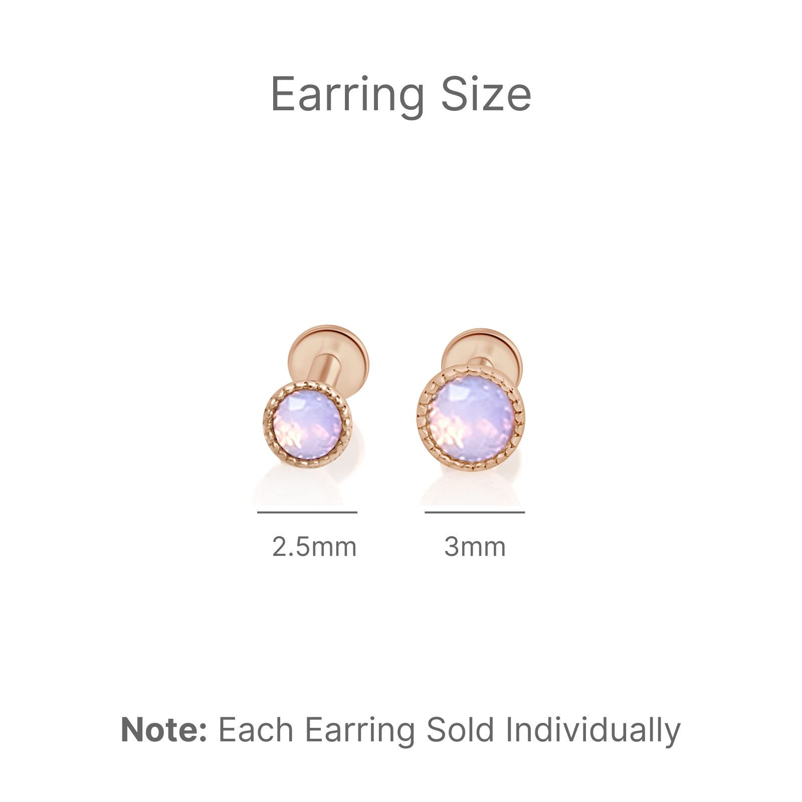 14K Solid Gold Milgrain Gemstone Bezel Single Stud Earring for Cartilage Tragus Helix Tragus CZ Stud 2mm 2.5mm 3mm Top Internally Threaded Flat Screw Back Upper Ear Piercing for Women Men (Single Piece)