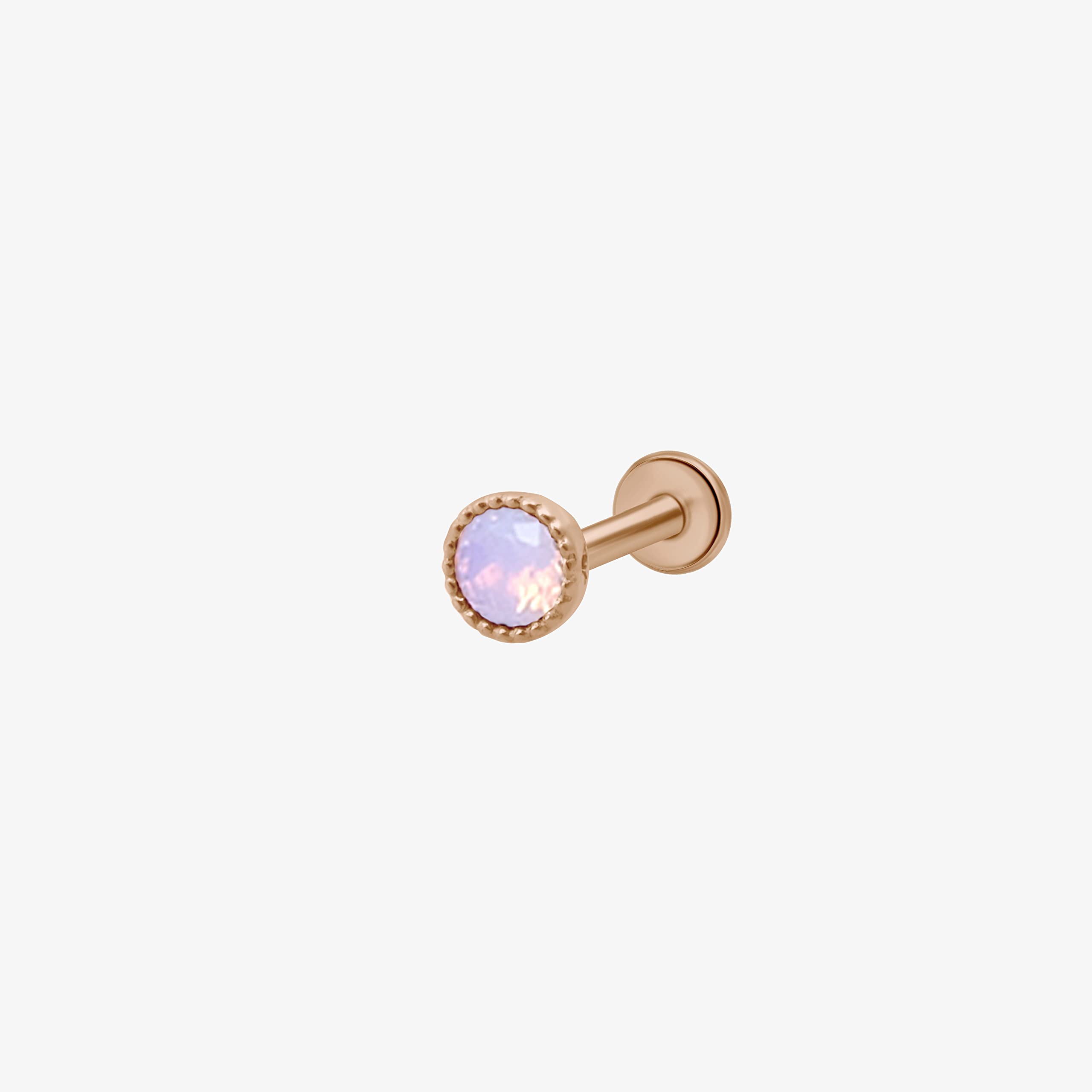 14K Solid Gold Milgrain Gemstone Bezel Single Stud Earring for Cartilage Tragus Helix Tragus CZ Stud 2mm 2.5mm 3mm Top Internally Threaded Flat Screw Back Upper Ear Piercing for Women Men (Single Piece)