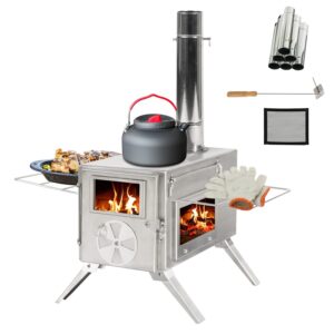 coewske wood tent stove, hot tent stove wood burning heater for camping, small portable ultralight tent stove stainless steel with chimney pipes for outdoor, camping, cooking, heating, indoor