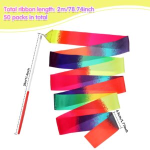 Yilloog 50 Pcs Ribbon Dancing Wands Party Favors, 78.7 Inch Gymnastics Ribbon Streamers Rainbow Artistic Ribbon Dancer Twirling Wands, Rainbow Birthday Decorations (Rainbow,Gradient Style)