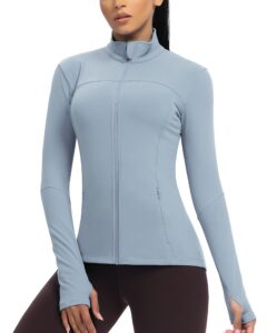 avgo workout jackets for women, fleece jackets full zip long sleeves running track jacket with pockets(milk gray,small)