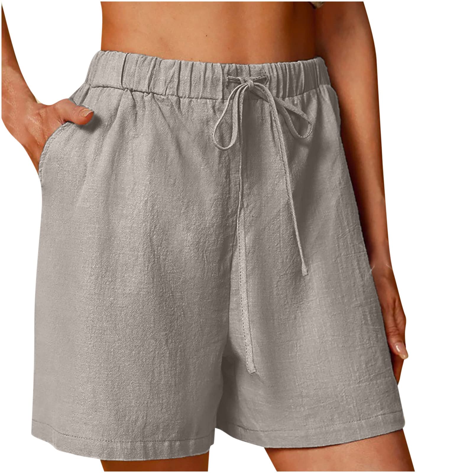 Casual Cotton Linen Shorts for Women Elastic Drawstring Workout Yoga Shorts Loose Soft Summer Beach Pocketed Shorts