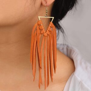 Fringe Leather Earrrings Triangle Deerskin Leather Boho Western Statement Dangel Earrings for Women (Brown)