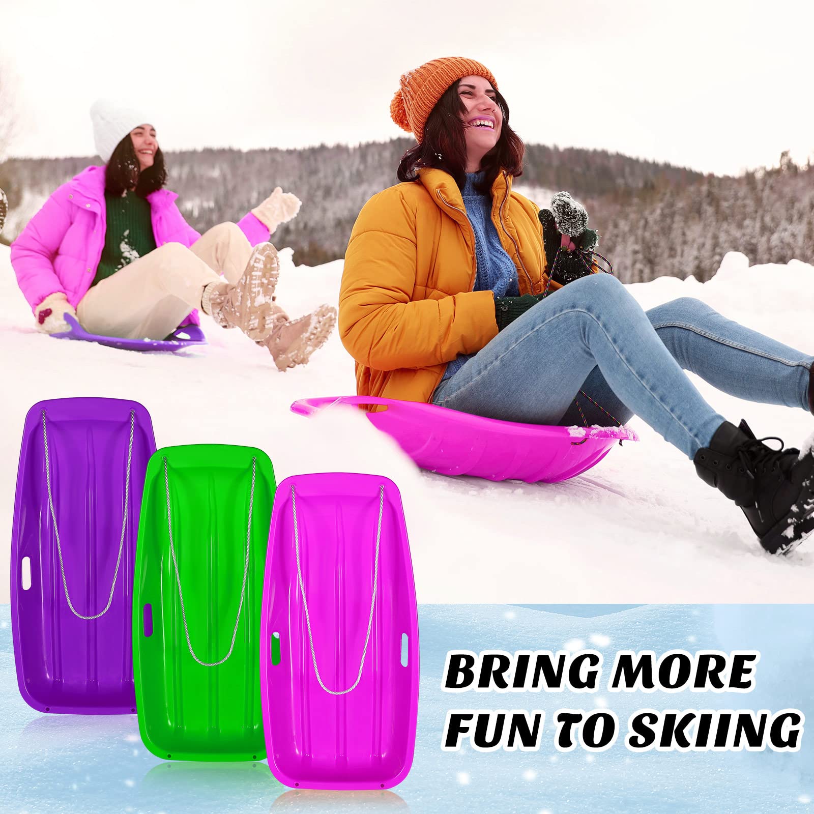 12 Pcs 35 in Classic Snow Sled Winter Downhill Sprinter Toboggan with Pull Rope and Handles Plastic Sleds for Kids Adults Snow Sand Board Sleigh, 6 Colors