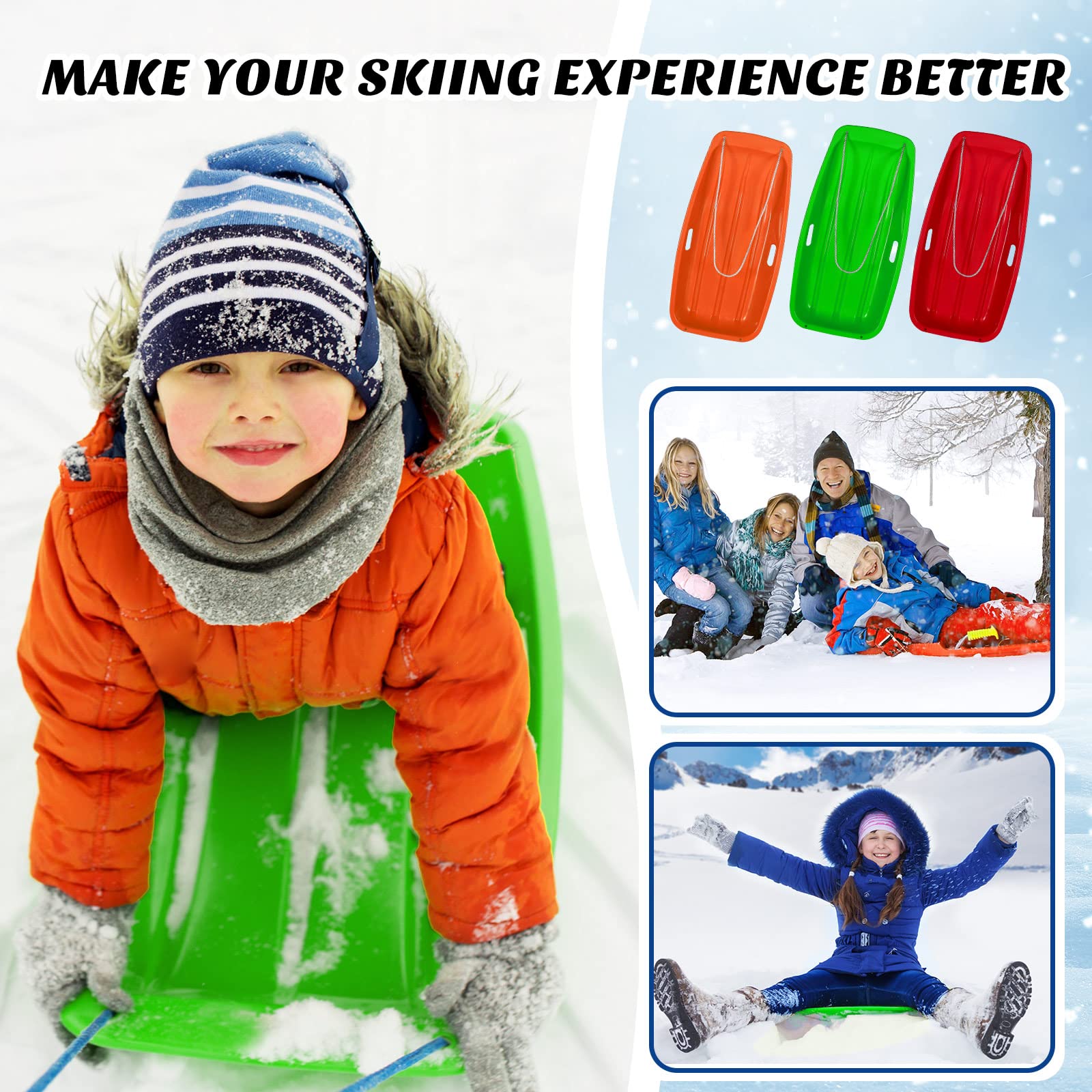 12 Pcs 35 in Classic Snow Sled Winter Downhill Sprinter Toboggan with Pull Rope and Handles Plastic Sleds for Kids Adults Snow Sand Board Sleigh, 6 Colors