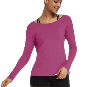 Muzniuer Women's Long Sleeve Yoga Shirts Workout Shirts Backless Cross Back Open Shirts Yoga Top Soft Fitness Shirts for Women Long Sleeve Running Shirts Rose Red M