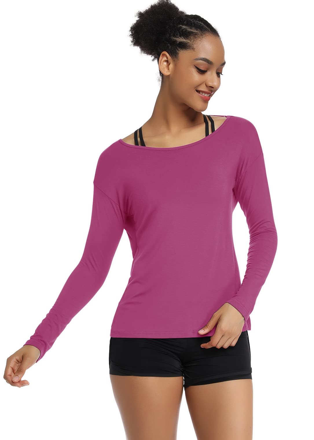 Muzniuer Women's Long Sleeve Yoga Shirts Workout Shirts Backless Cross Back Open Shirts Yoga Top Soft Fitness Shirts for Women Long Sleeve Running Shirts Rose Red M