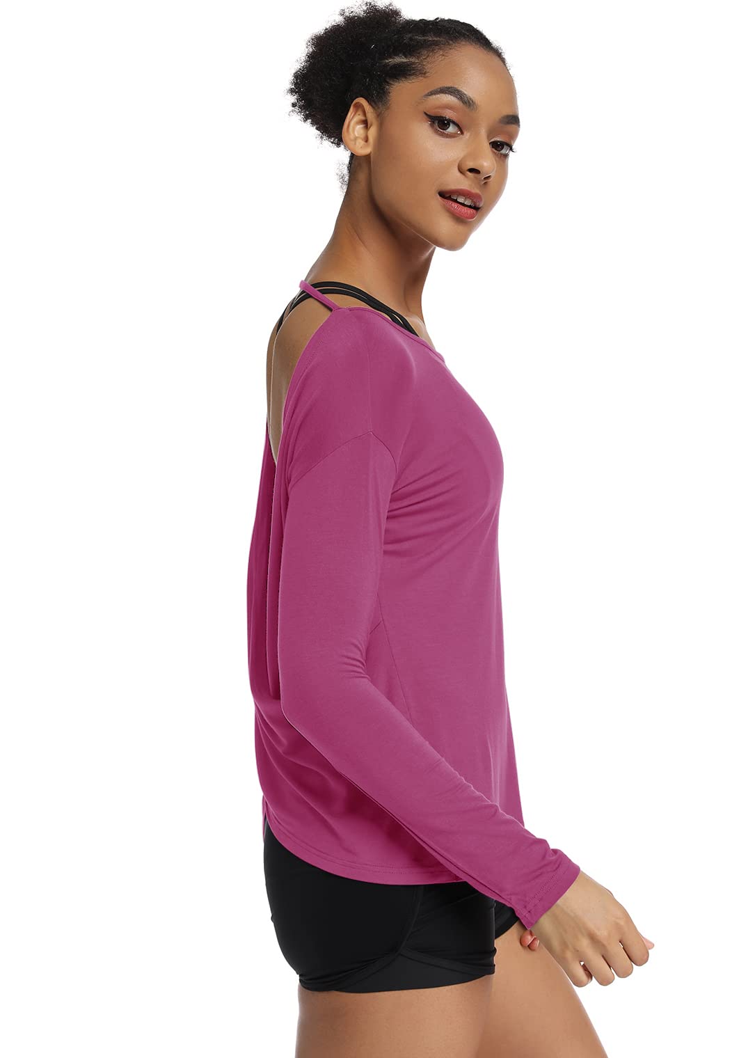 Muzniuer Women's Long Sleeve Yoga Shirts Workout Shirts Backless Cross Back Open Shirts Yoga Top Soft Fitness Shirts for Women Long Sleeve Running Shirts Rose Red M