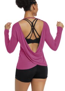 muzniuer women's long sleeve yoga shirts workout shirts backless cross back open shirts yoga top soft fitness shirts for women long sleeve running shirts rose red m