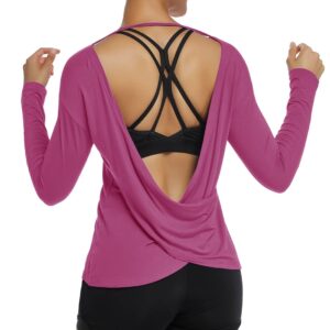 Muzniuer Women's Long Sleeve Yoga Shirts Workout Shirts Backless Cross Back Open Shirts Yoga Top Soft Fitness Shirts for Women Long Sleeve Running Shirts Rose Red M