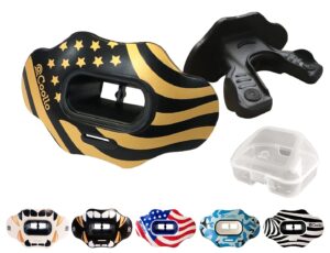 coollo sports lip guard mouthguard maxx/might football and high impact sports lip protector for adults & youth (strap included) (american flag -gold -(one layer), with case (adult 8+))