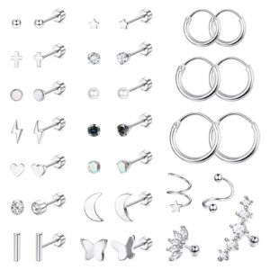 jstyle 20g stainless steel stud earrings for women men star moon heart cz flat back earrings set cartilage earrings hoop small flatback earrings stud tragus helix daith piercing jewelry silver tone