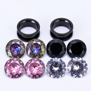 TBOSEN Set of 4 Pairs Color Zircons and 1 Pair Stainless Steel Ear Tunnel Ear Gauges Stretching Screw Fit Tunnels 0g-1 Inch