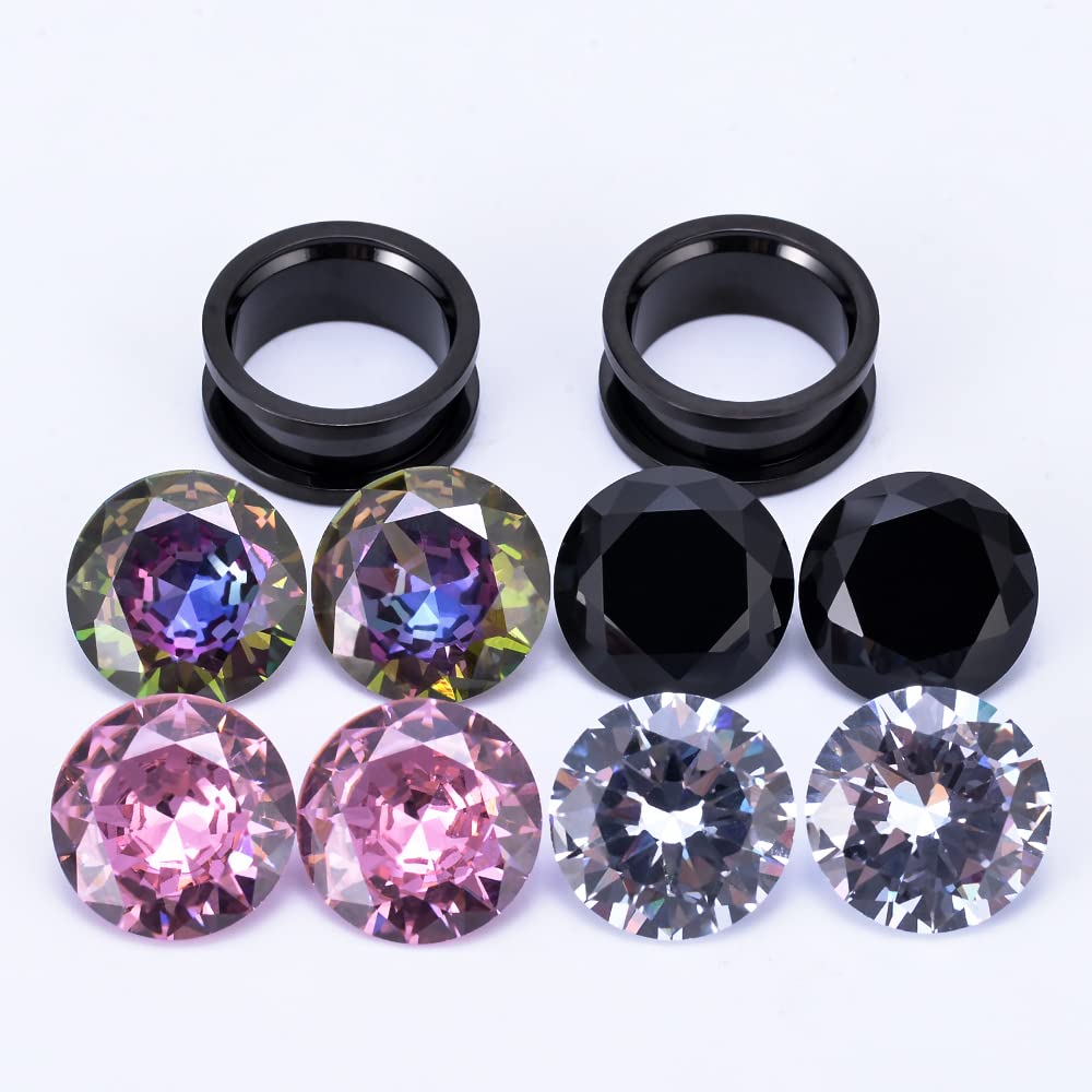 TBOSEN Set of 4 Pairs Color Zircons and 1 Pair Stainless Steel Ear Tunnel Ear Gauges Stretching Screw Fit Tunnels 0g-1 Inch