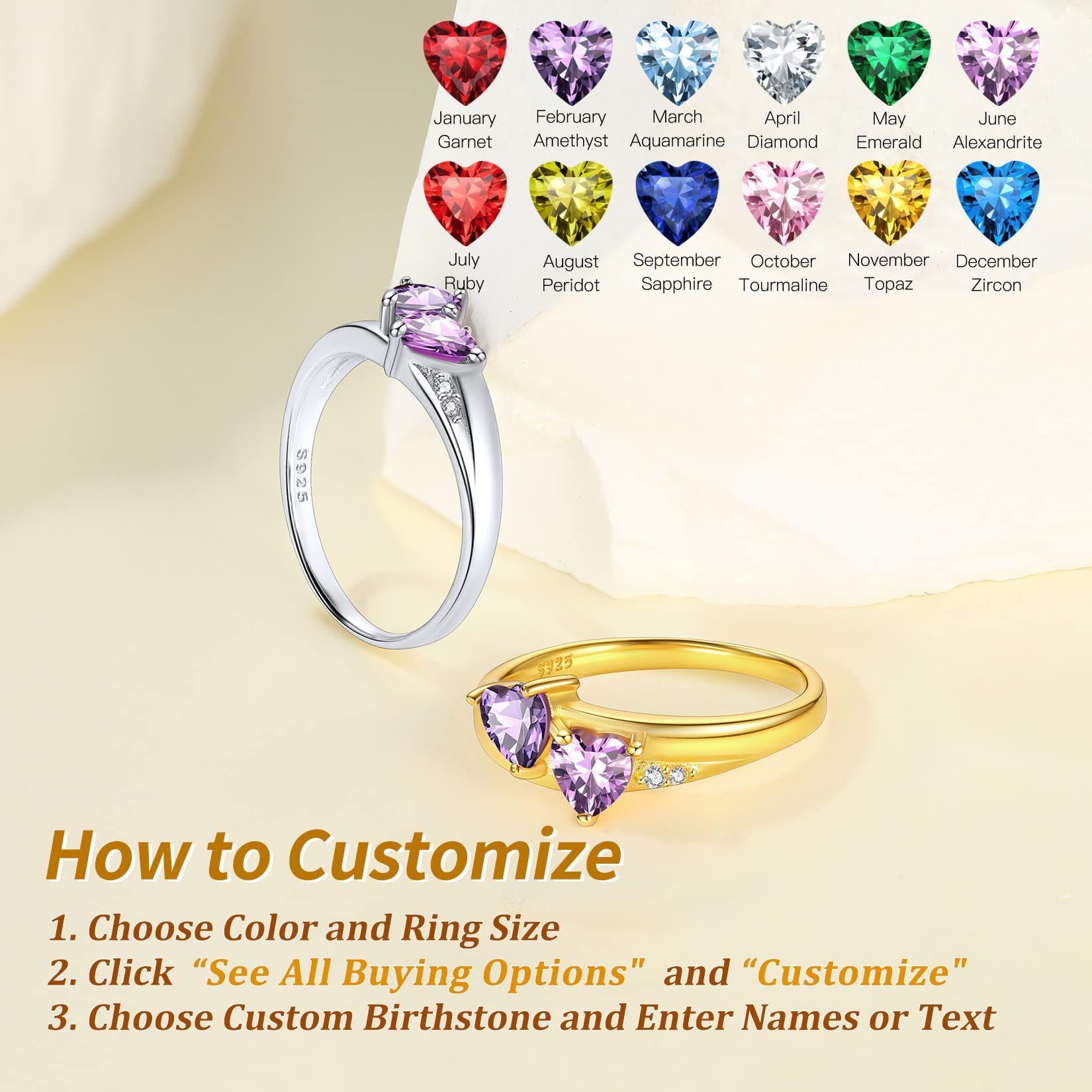 Suplight Custom Birthstone Ring 925 Sterling Silver Engagement Rings for Women Size 8