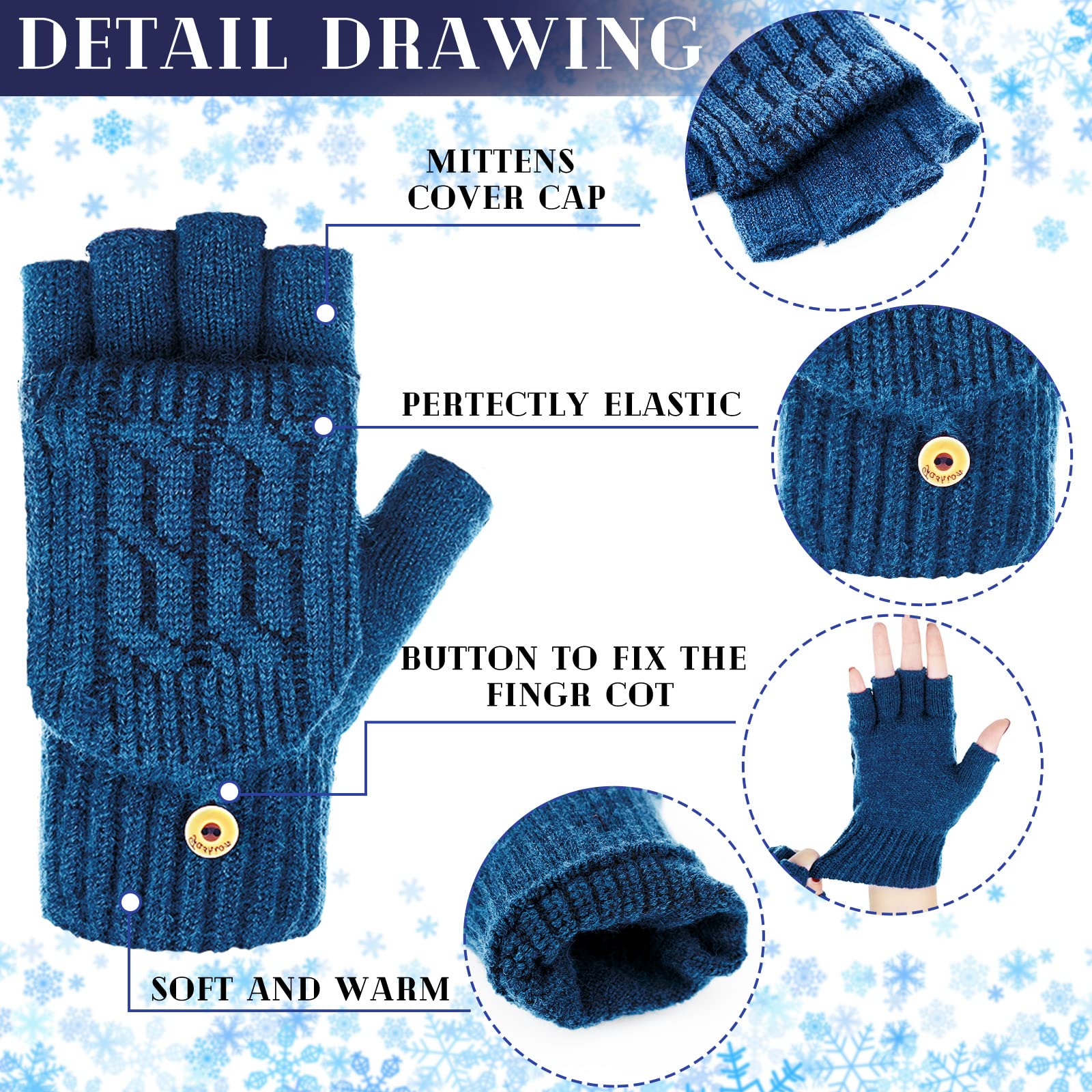 Newcotte 4 Pairs Winter Knitted Fingerless Gloves with Mitten Cover Convertible Fingerless Warm Wool Knit Flip Mittens(Black, Blue, Medium Gray, Navy Blue)