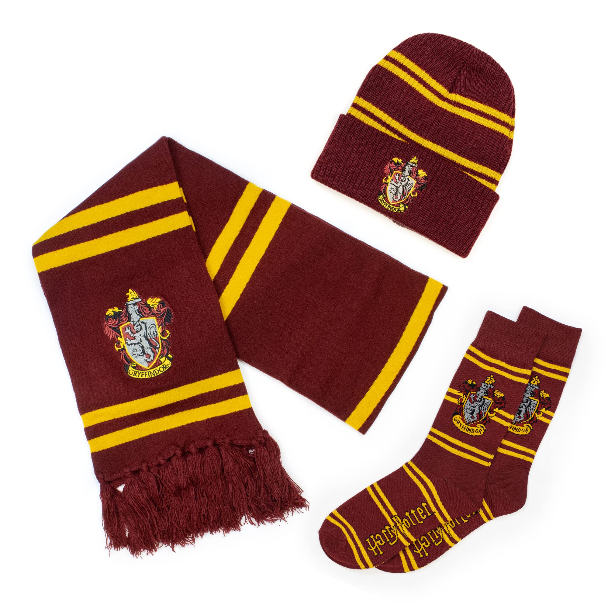 Culture Fly Harry Potter Gryffindor Premium Knit Scarf Beanie Socks 3pc Winter Bundle Gift Set