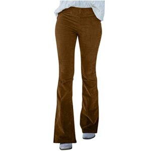 Amazon Deals for March Women Corduroy Flare Pants Elastic Waist Bell Bottom Trousers Solid Corduroy Pants Casual Corduroy Pants with Pocket Brown