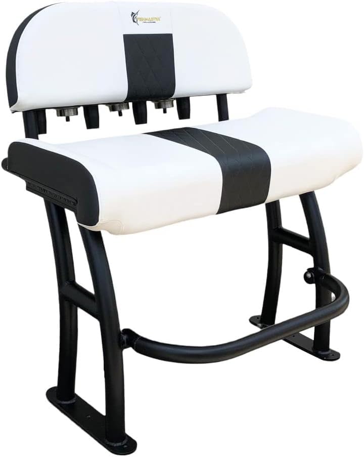 Fishmaster Pro Series Leaning Post for Center Console Fishing Boats - Deluxe Backrest, Rod Holders, Flow-Through Foam, Storage Compartment, Foldable Footrest – White Upholstery/Black Powder Coated