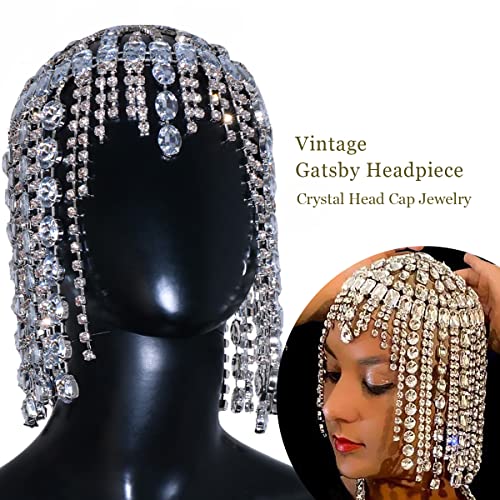 STONEFANS Vintage 1920s Rhinestone Headpiece Cap for Women Crystal Flapper Head Chain Hairpieces Gatsby Cleopatra Hair Accessories Silver