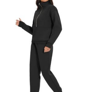 COZYPOIN Women Fleece 2 Piece Outfit Half Zip Sweatshirt and Joggers Sweatpants Y2K Set Tracksuit(Black-M)