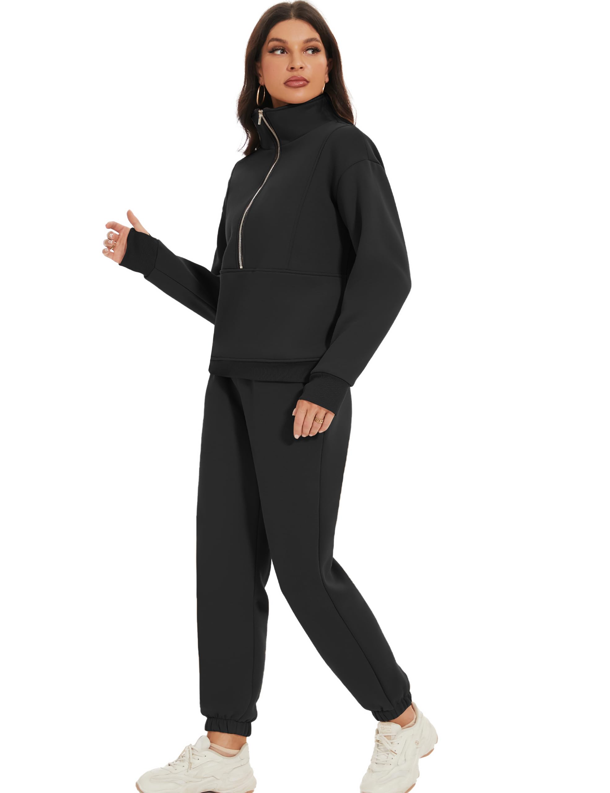 COZYPOIN Women Fleece 2 Piece Outfit Half Zip Sweatshirt and Joggers Sweatpants Y2K Set Tracksuit(Black-M)