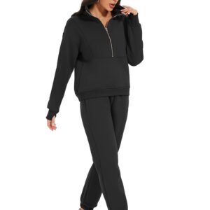 COZYPOIN Women Fleece 2 Piece Outfit Half Zip Sweatshirt and Joggers Sweatpants Y2K Set Tracksuit(Black-M)