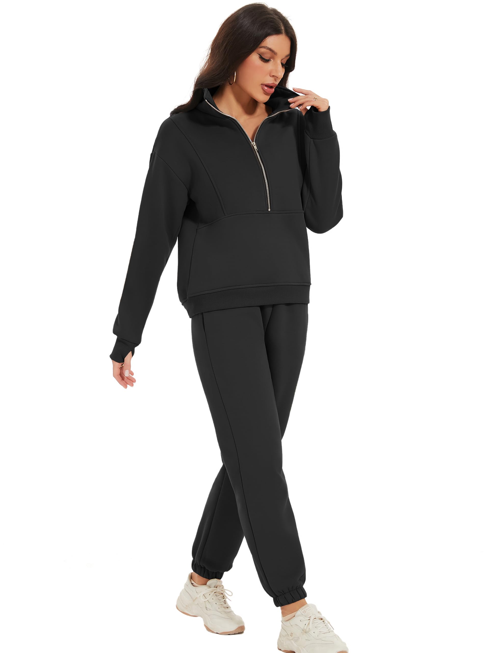 COZYPOIN Women Fleece 2 Piece Outfit Half Zip Sweatshirt and Joggers Sweatpants Y2K Set Tracksuit(Black-M)