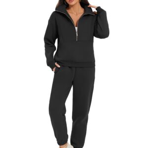 COZYPOIN Women Fleece 2 Piece Outfit Half Zip Sweatshirt and Joggers Sweatpants Y2K Set Tracksuit(Black-M)