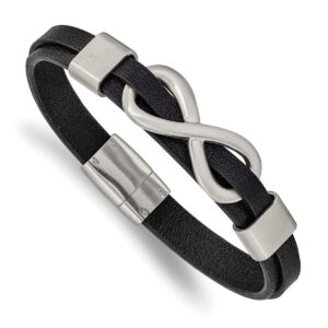 9.2mm chisel stainless steel brushed and polished infinity symbol black leather bracelet 8 inch jewelry for women