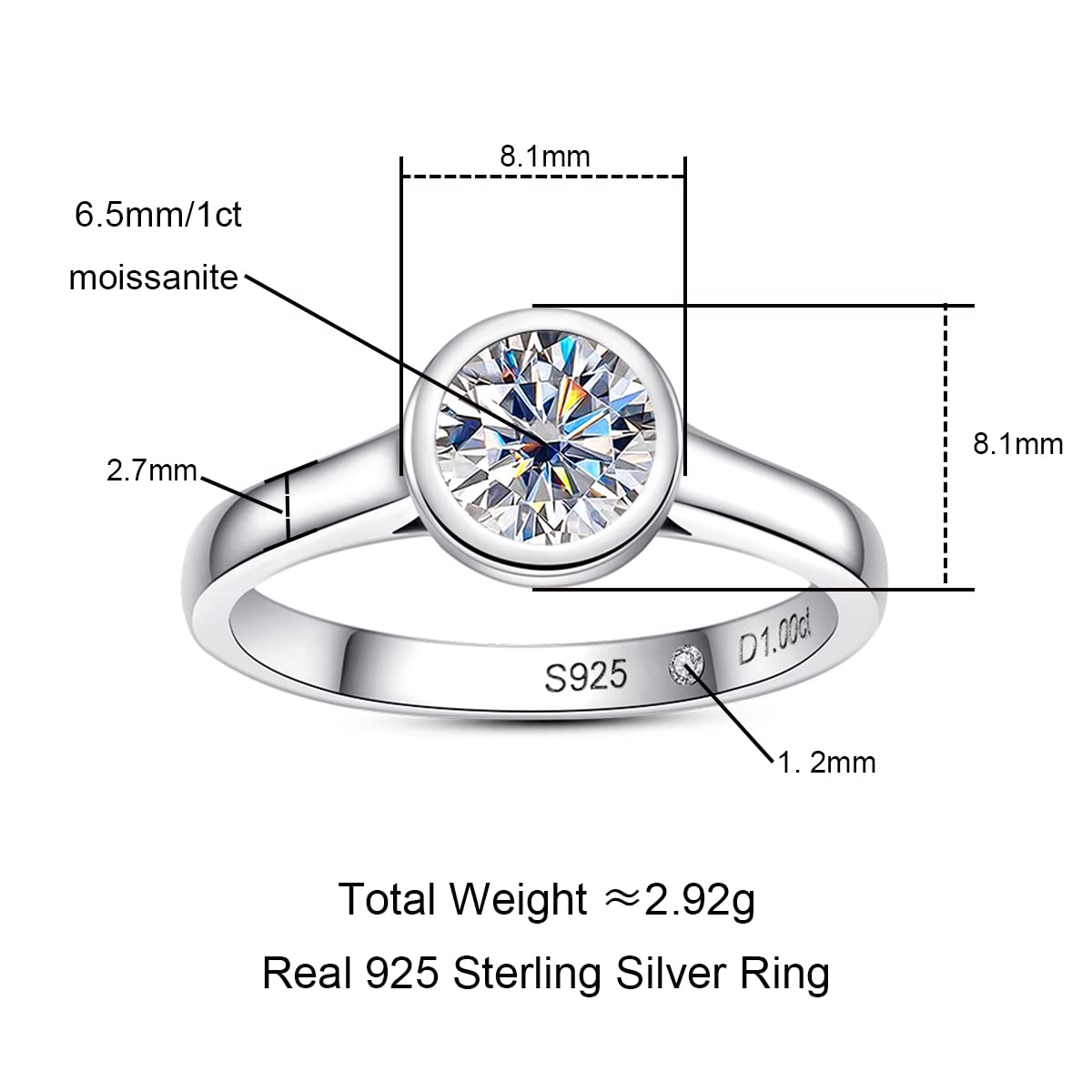 Raivari Moissanite Engagement Rings,1 CT Bezel Setting Round Lab Created Diamond Solitaire Promise Rings in 14K White Gold Plated Sterling Silver, Anniversary Rings for Women6