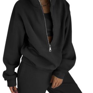 COZYPOIN Women Fleece 2 Piece Outfit Half Zip Sweatshirt and Joggers Sweatpants Y2K Set Tracksuit(Black-M)