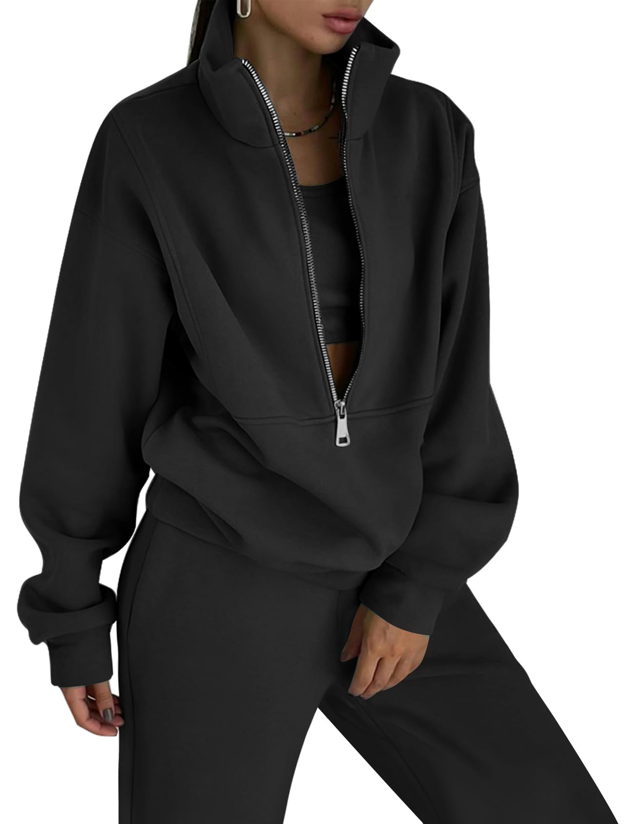 COZYPOIN Women Fleece 2 Piece Outfit Half Zip Sweatshirt and Joggers Sweatpants Y2K Set Tracksuit(Black-M)