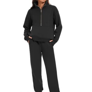 COZYPOIN Women Fleece 2 Piece Outfit Half Zip Sweatshirt and Joggers Sweatpants Y2K Set Tracksuit(Black-M)