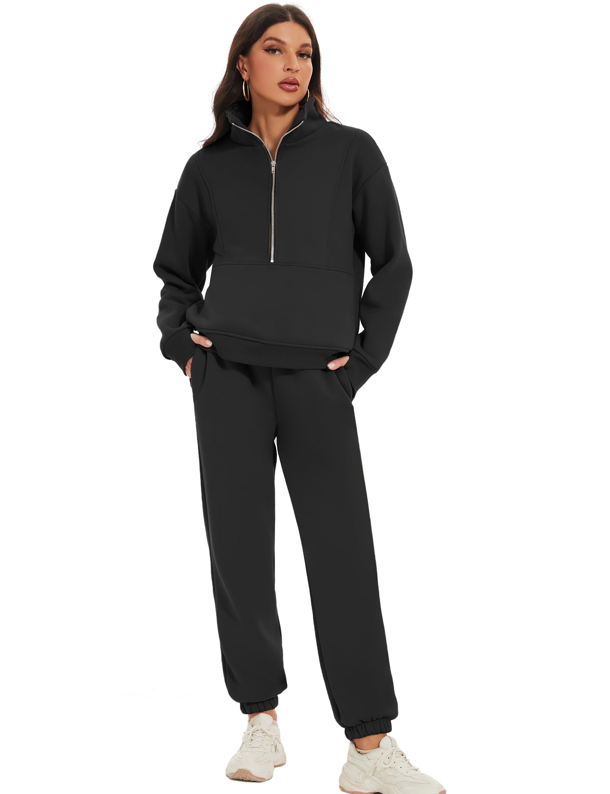 COZYPOIN Women Fleece 2 Piece Outfit Half Zip Sweatshirt and Joggers Sweatpants Y2K Set Tracksuit(Black-M)