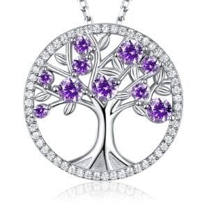 zes-husa february birthstone amethyst jewelry tree of life birthstone pendant necklace for women girls valentines day gifts, sterling sliver necklace anniversary birthday gifts for mom wife