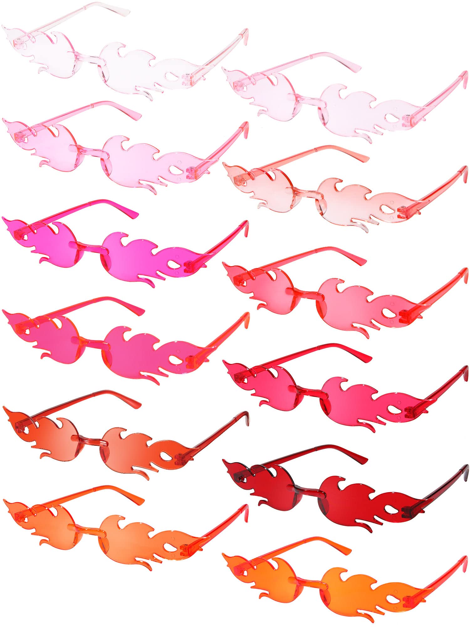 EBOOT 12 Pcs Halloween Party Decor Fire Flame Glasses Fire Shape Sunglasses Rimless Glasses Eyewear for Women Men (Pink and Red Series)