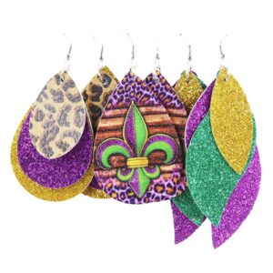 3 pairs colorful mardi gras leather dangle earrings set layered shining mardi gras theme earrings for women jewelry(a)