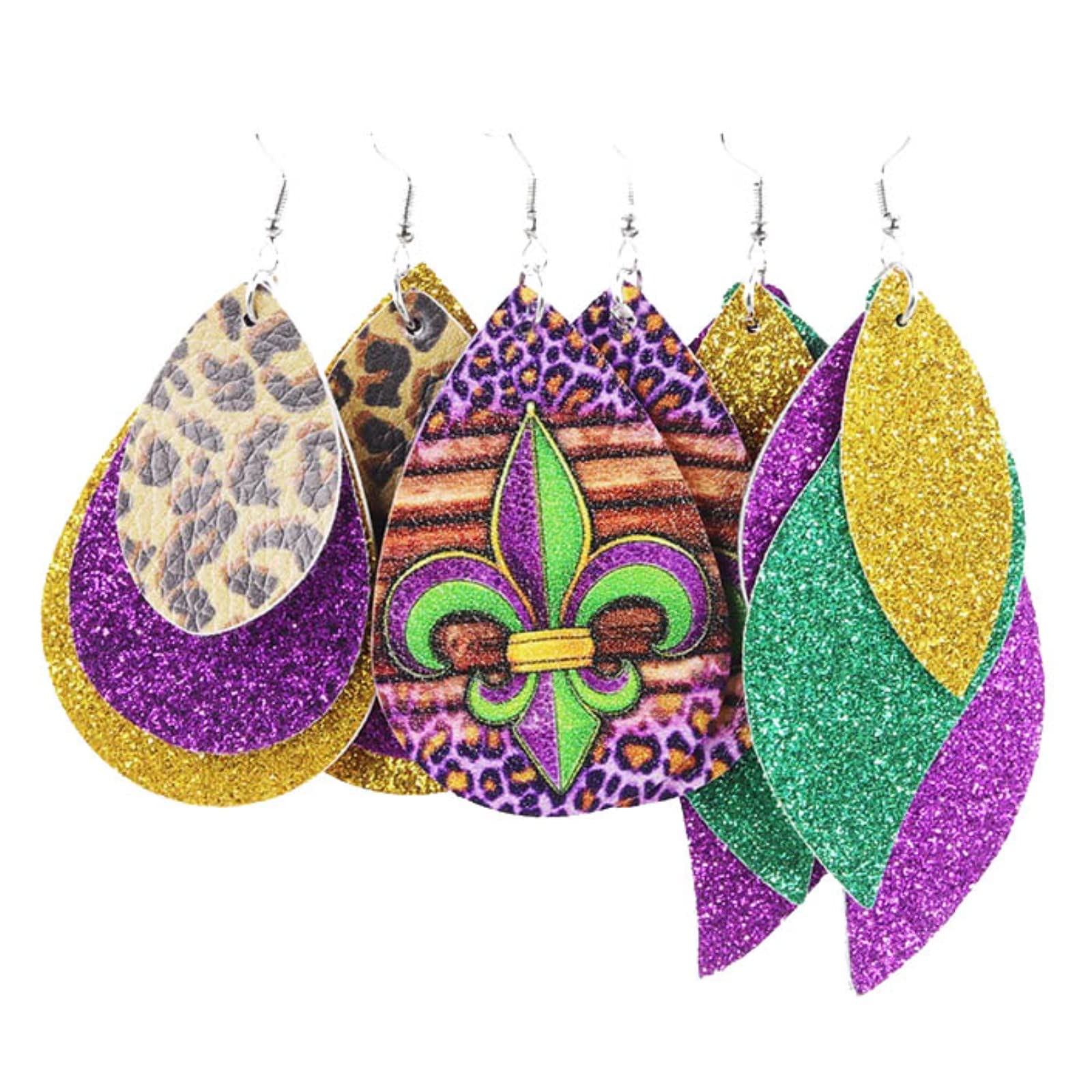 3 Pairs Colorful Mardi Gras Leather Dangle Earrings Set Layered Shining Mardi Gras Theme Earrings for Women Jewelry(A)