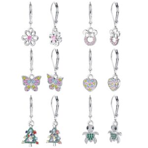 drperfect cute dangle earrings, hypoallergenic, cubic zirconia paved butterfly heart flower turtle mouse christmas tree drop dangling earrings, silver leverback earrings set