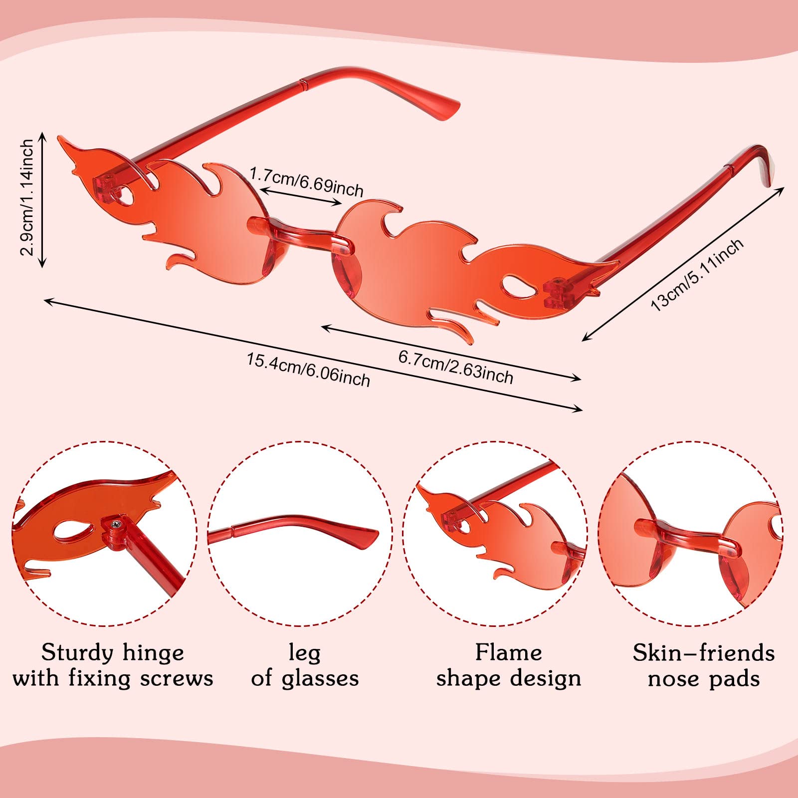 EBOOT 12 Pcs Halloween Party Decor Fire Flame Glasses Fire Shape Sunglasses Rimless Glasses Eyewear for Women Men (Pink and Red Series)