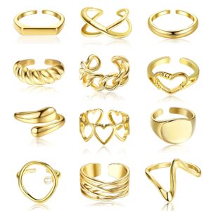 finrezio 12pcs gold dome chunky rings for women 18k gold plated braided twisted signet ring croissant thick dome rings band statement jewelry adjustable