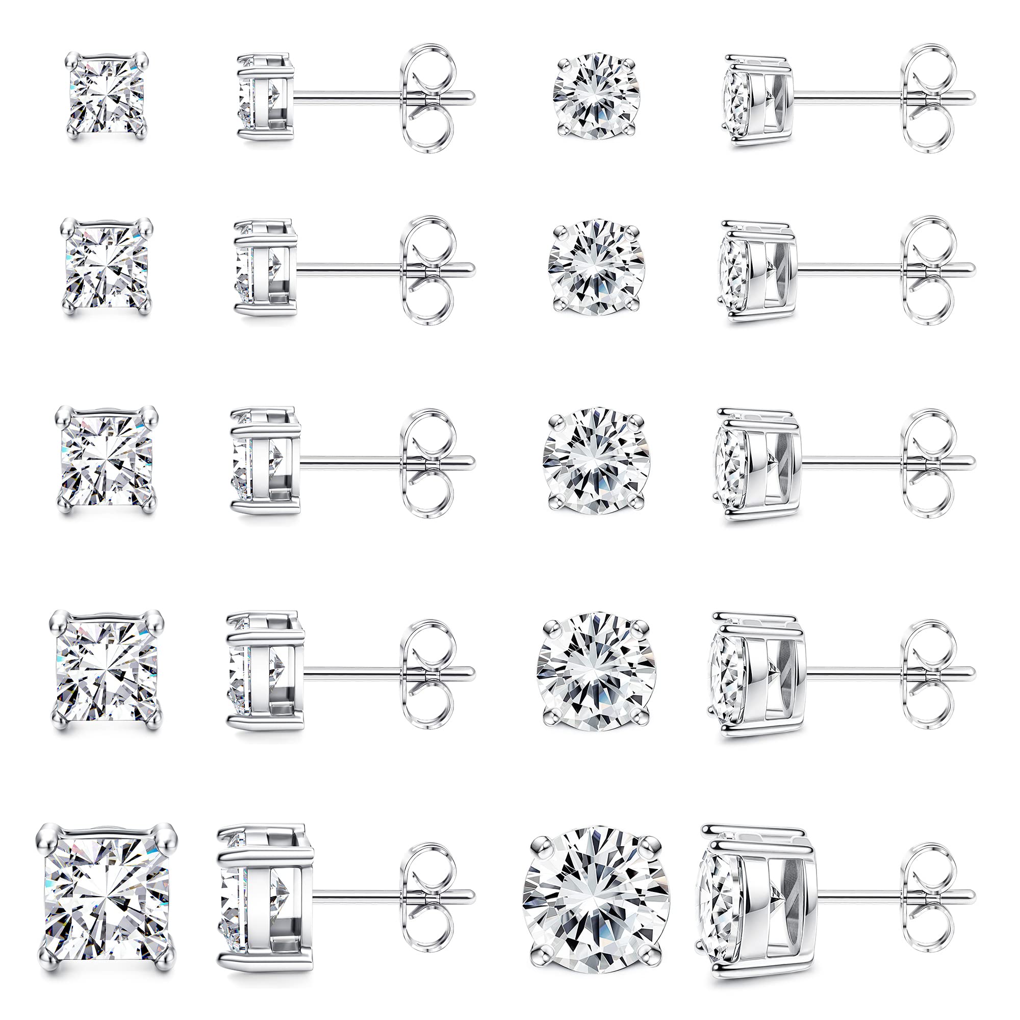 LOYALLOOK 12 Pairs 20G Stainless Steel Ear Stud Piercing Cubic Zirconia Barbell Stud Earring Set Screw Flat Back Earrings for Women (10Pairs Style4)